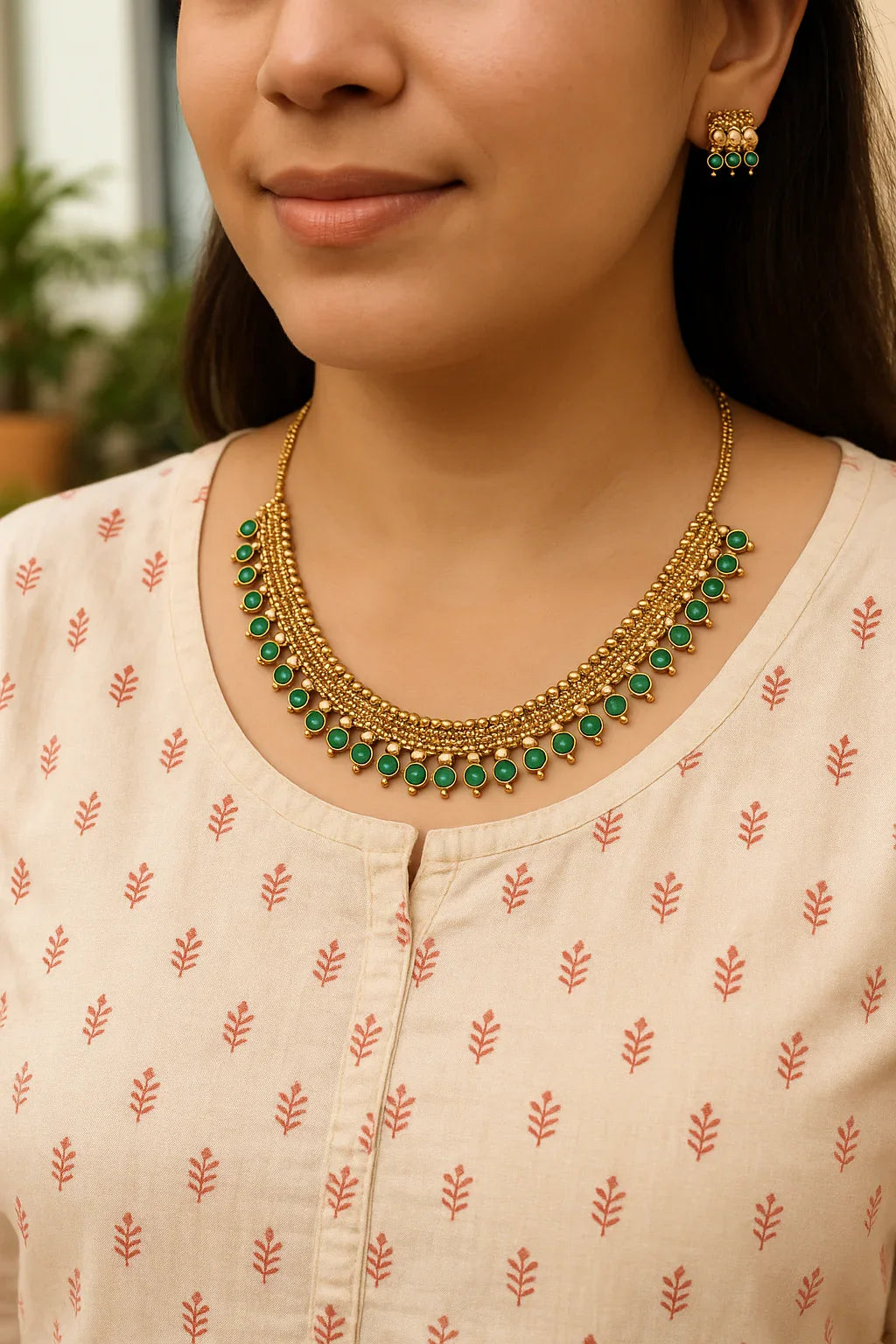 Gold Plated Green Stone Traditional Necklace Set for Women | Ethnic Je ...